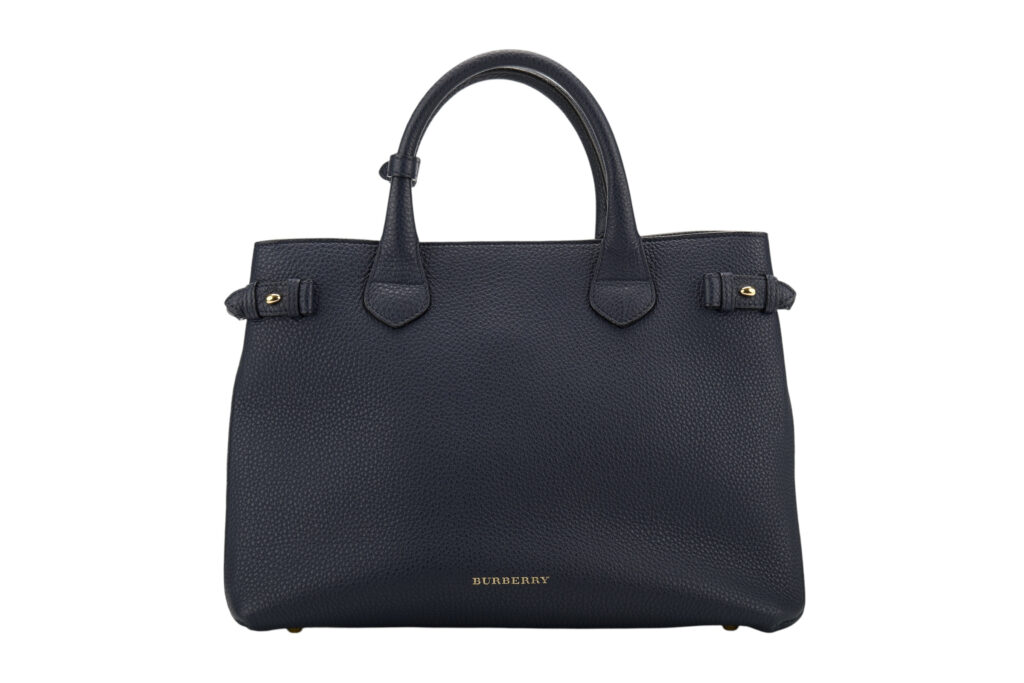 Burberry Banner Tote London Check Medium Blue Pebbled Leather, Gold ...