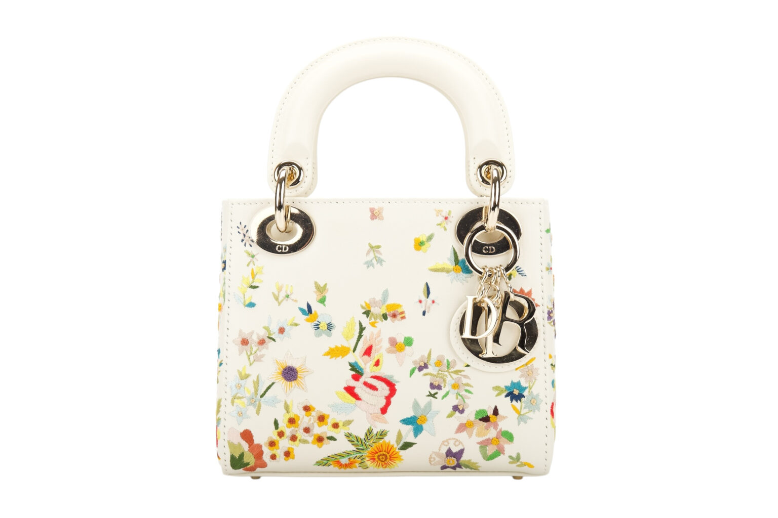 Dior Lady Dior Mini White Leather Multicolour Flower Embroidered Bag ...