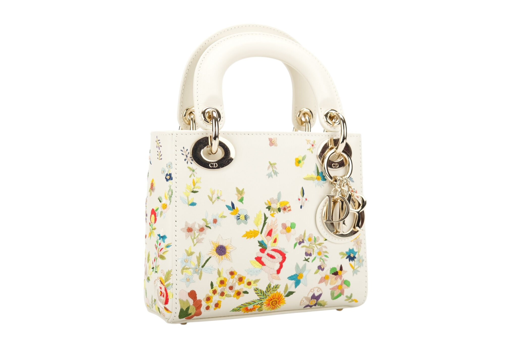 Dior Lady Dior Mini White Leather Multicolour Flower Embroidered Bag ...