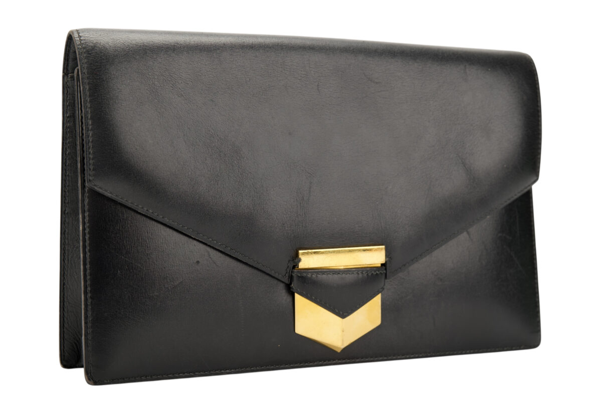 Hermes Vintage Pan Box Noir (Black) Calfskin Leather Clutch, Gold ...